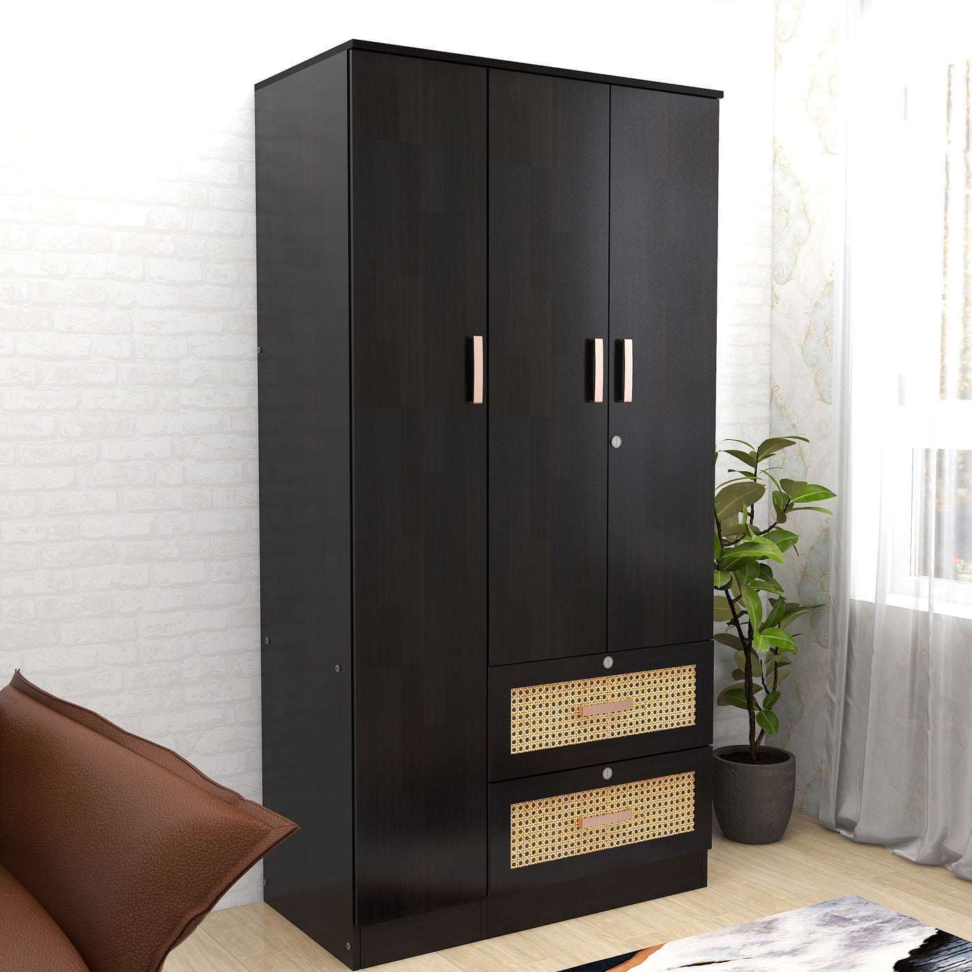 Ren 3-Door Engineered Wood Wardrobe with Rattan Design – Bedroom Almirah Wenge